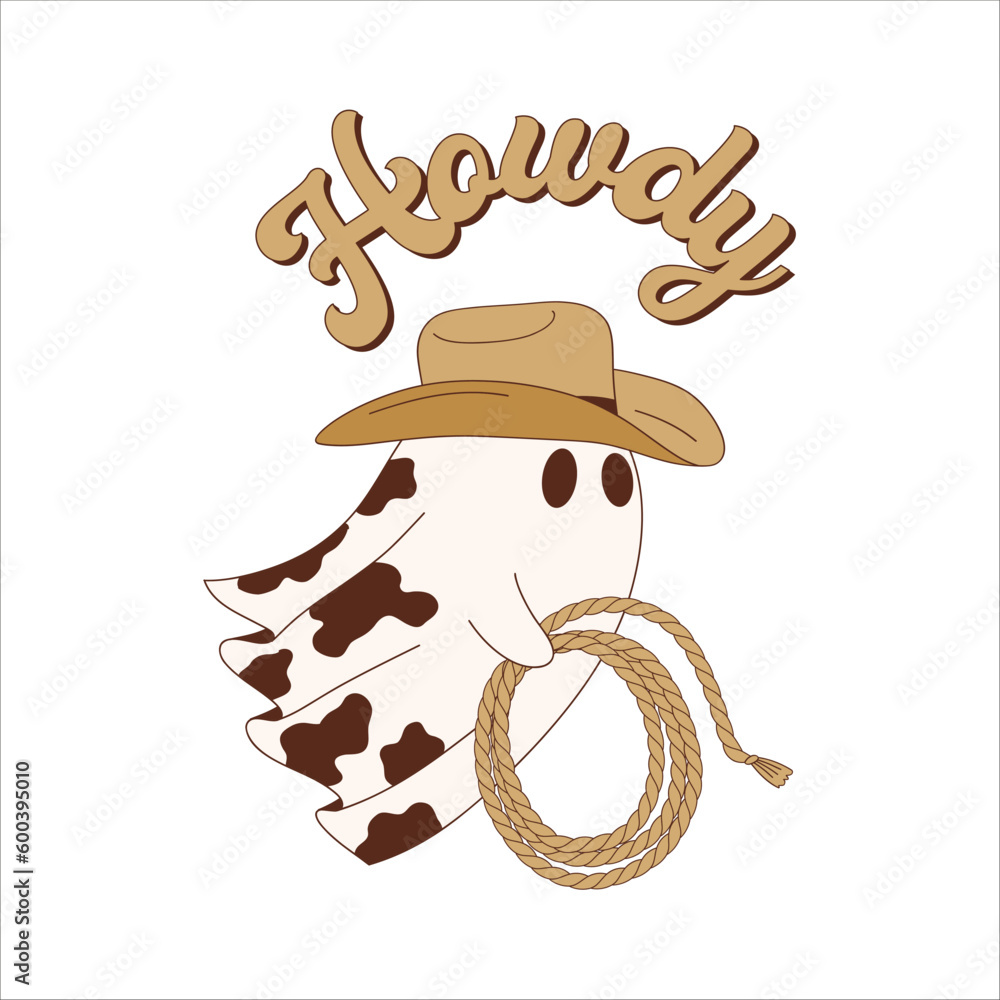 Halloween cute cowboy ghost rodeo retro illustration isolated on white ...