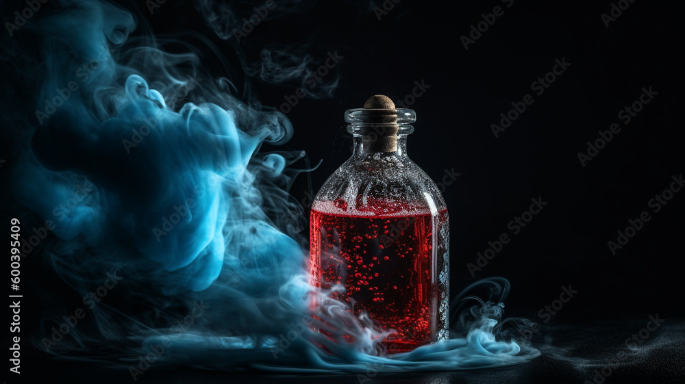 Strange red liquid in a simple glass bottle. Created with Generative AI ...