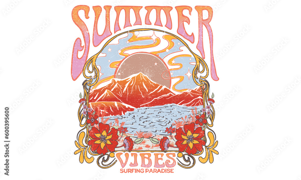 Summer vibes, beach hand sketch graphic print with tropical flower ...