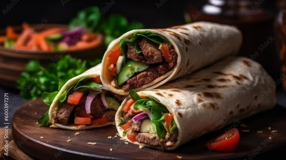 Shawarma - Middle Eastern wrap with seasoned meat and vegetables ...
