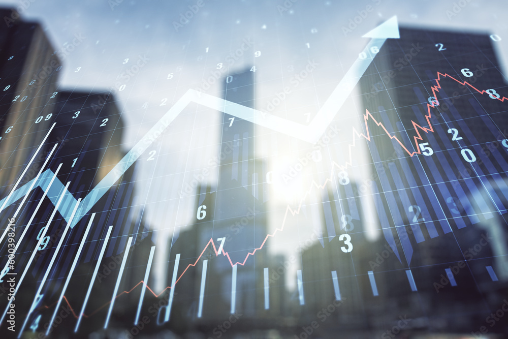 Abstract virtual financial graph and upward arrow hologram on modern ...