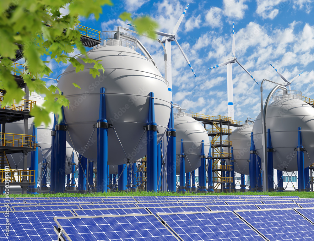 Energy plant. Extraction green energy. Solar panels near gas tanks ...
