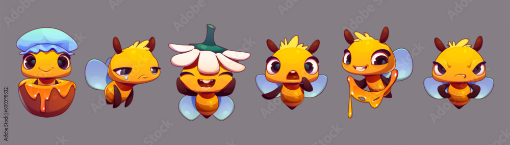 Cute bee character with honey, happy bumblebee mascot. Funny flying ...