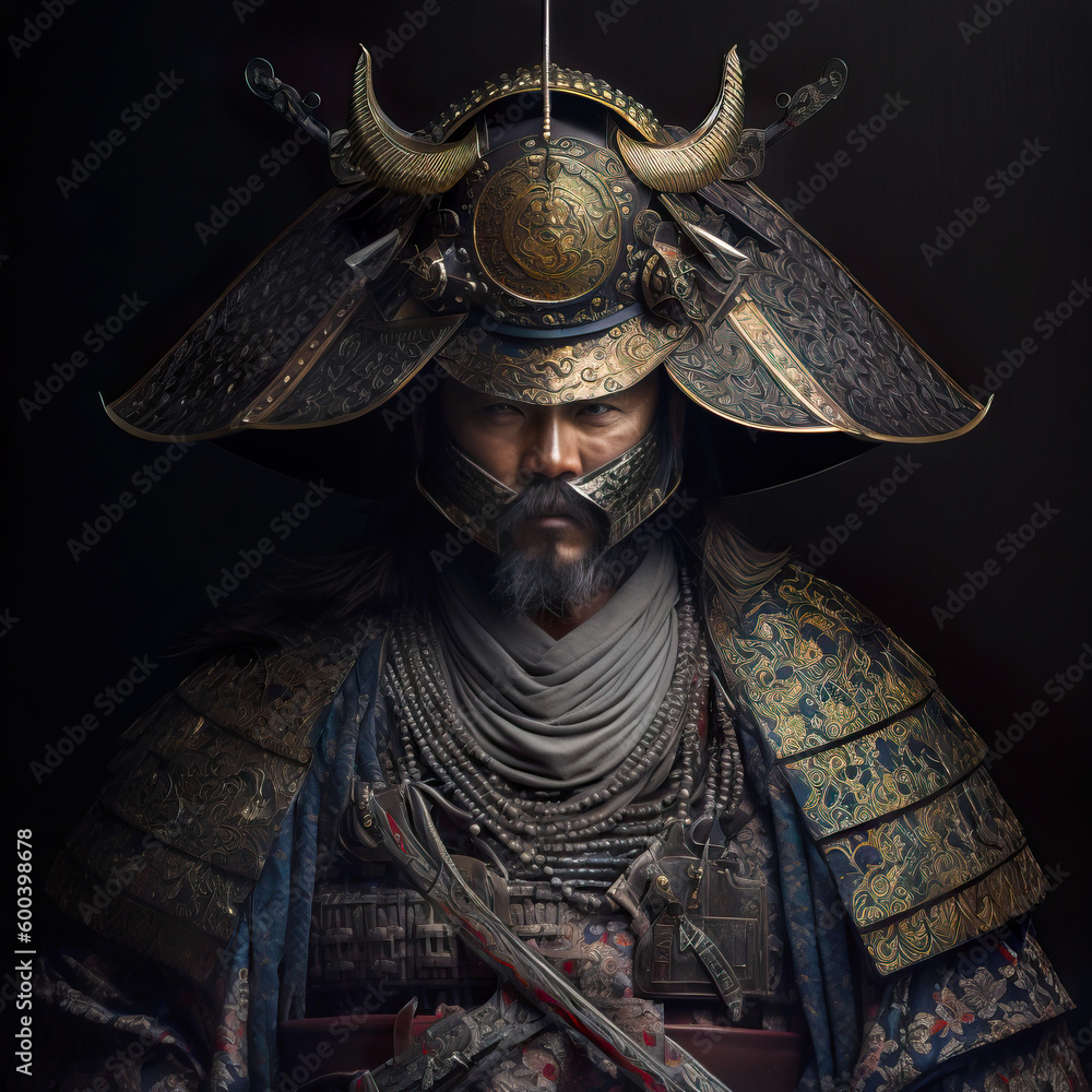 The Noble Warrior: A Regal Portrait of a Samurai Clad in Ancient Kabuto ...