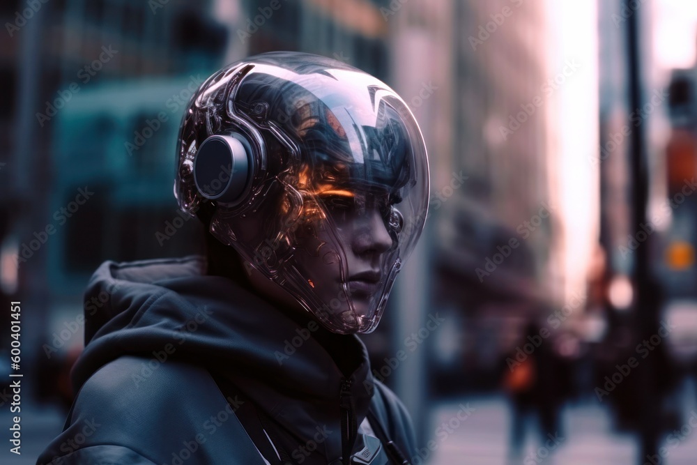 Person walking in a futuristic city with an advanced augmented reality ...