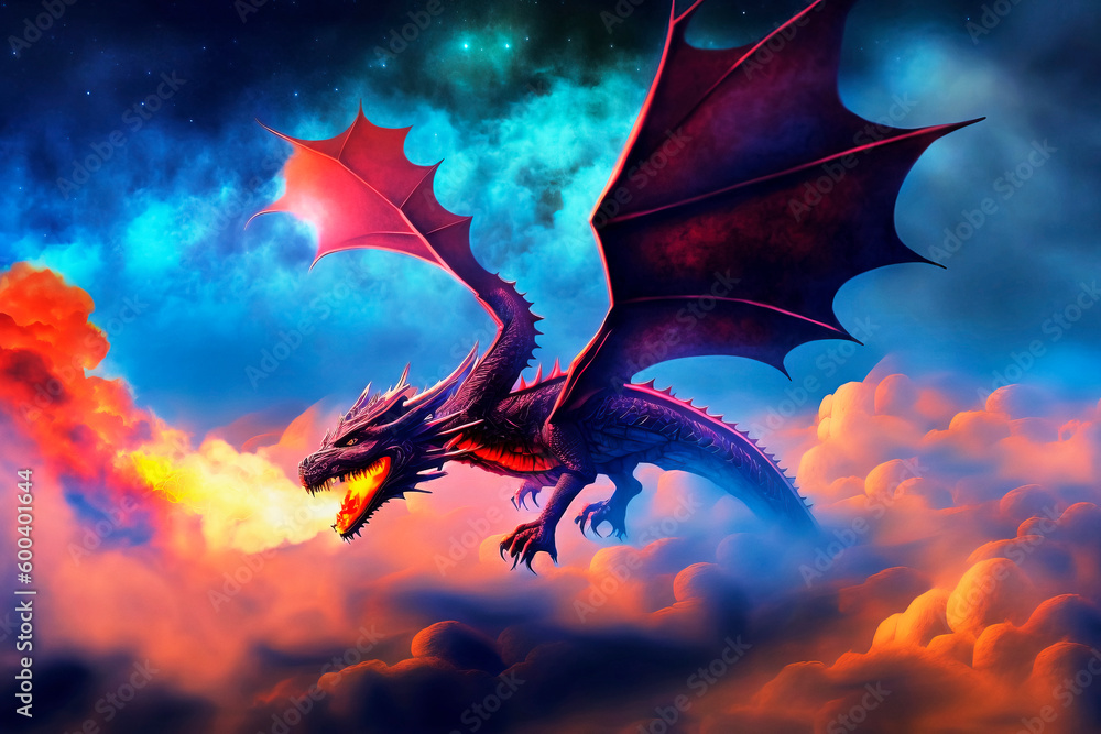 Fantasy image of a flying dragon spouting fire over red clouds under a ...