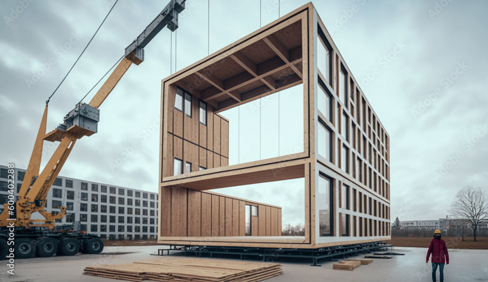 A wooden building module is raised by a crane and placed into the ...