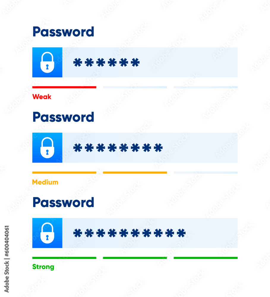 Password weak, medium and strong. Password form template for website and programs. Digital ...