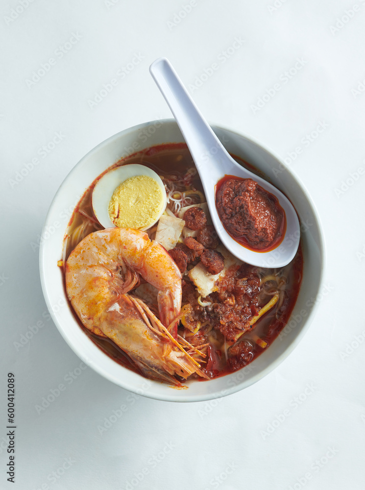 Hokkien Mee (prawn noodle soup) isolated on white background. Famous ...