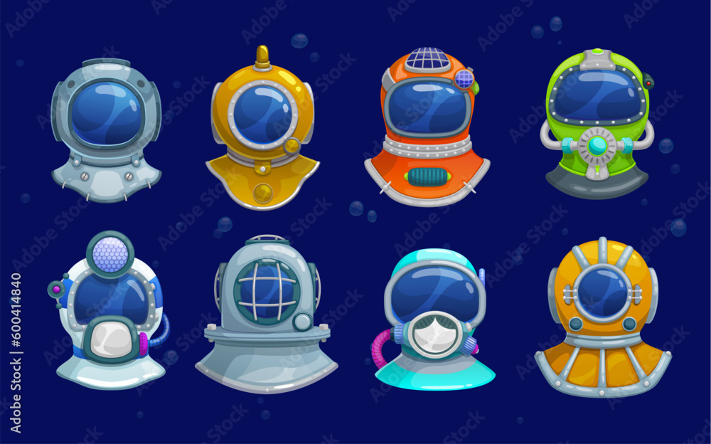 Cartoon diver helmets of deep sea scuba diving suit equipment. Vector ...