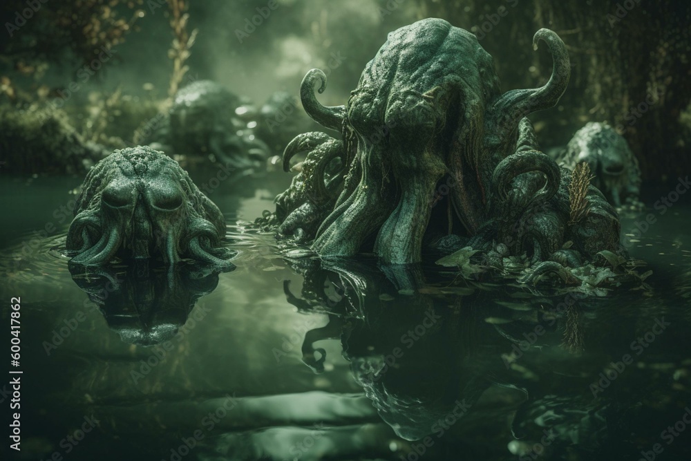 Horror artwork of demonic creatures gestating in a stalked pod under a ...