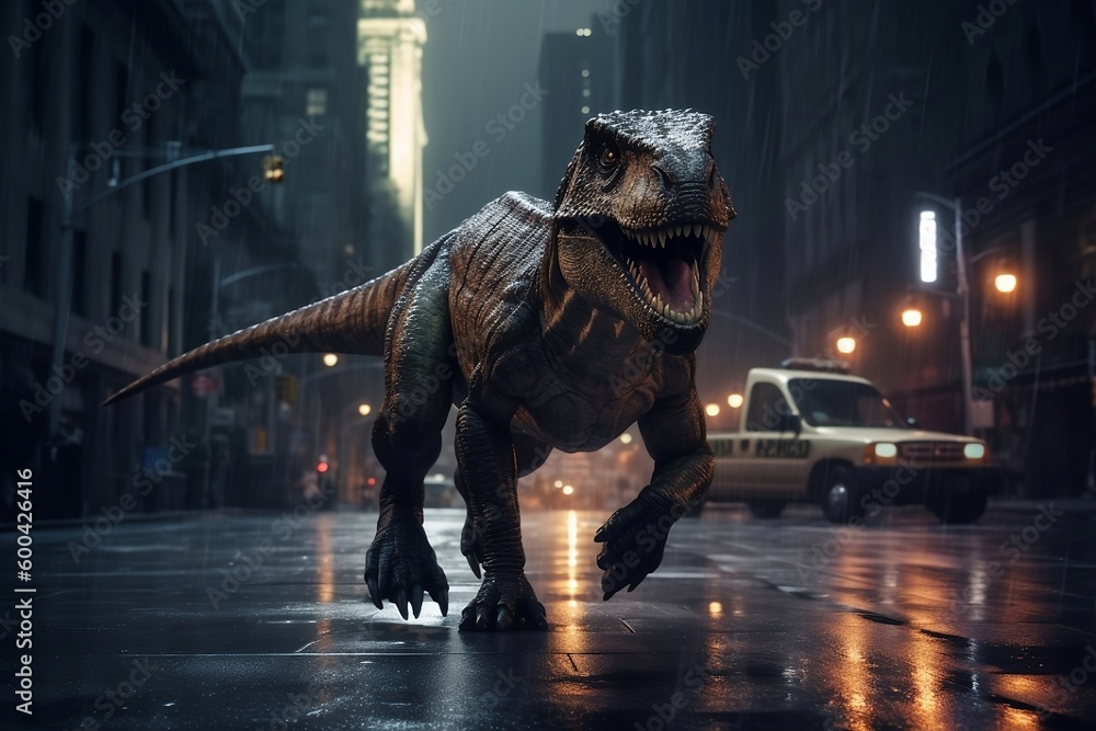 Dinosaur in city in evening lights. Raptor on wet street of metropolis ...