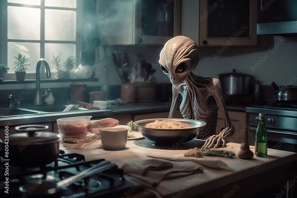 Alien alone preparing dinner in kitchen. Concept of cooking lunch ...