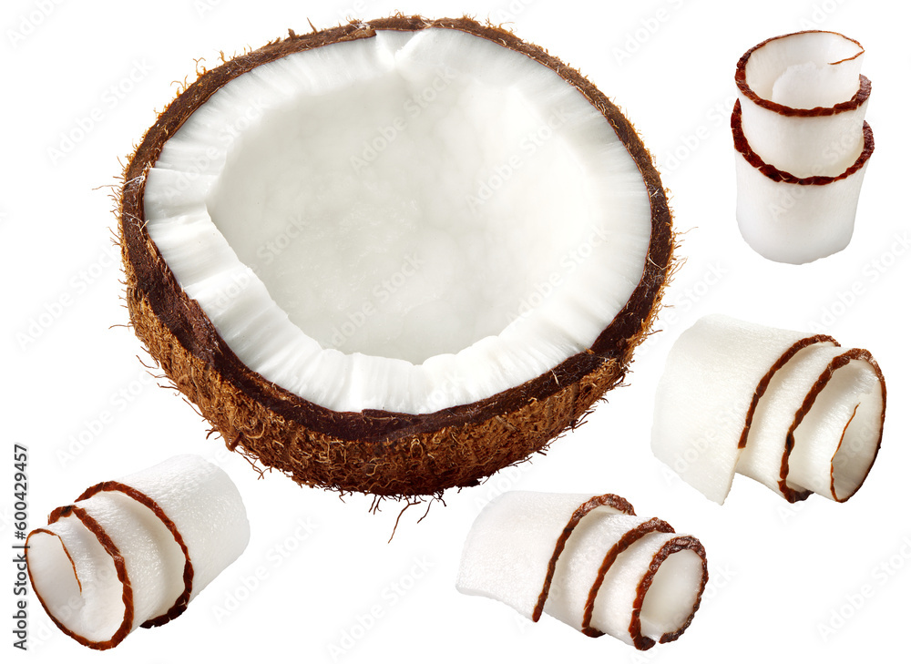 Foto de metade do coco e raspas de coco em fundo transparente do Stock ...