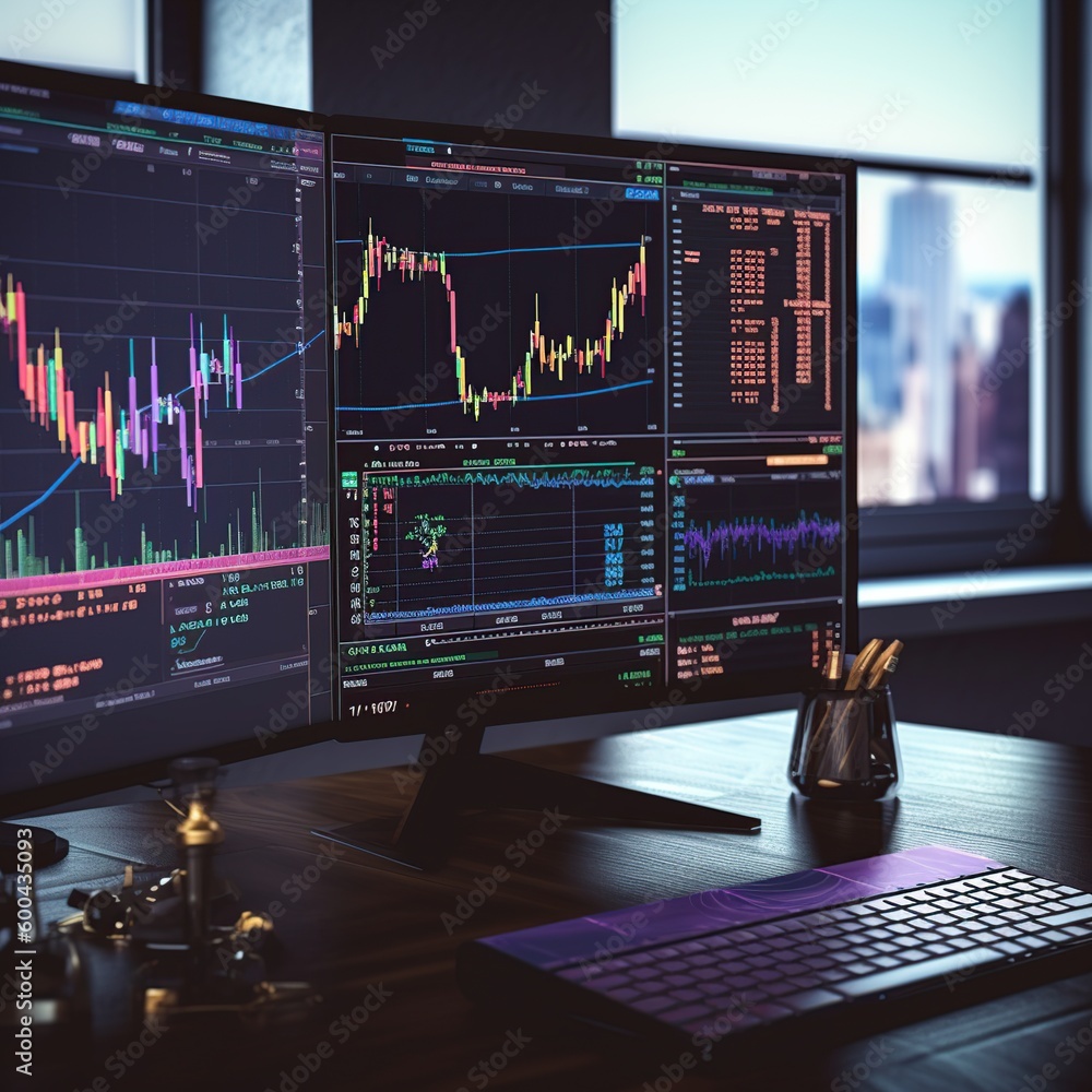 Stock market trading graph and candlestick chart on screen monitor ...