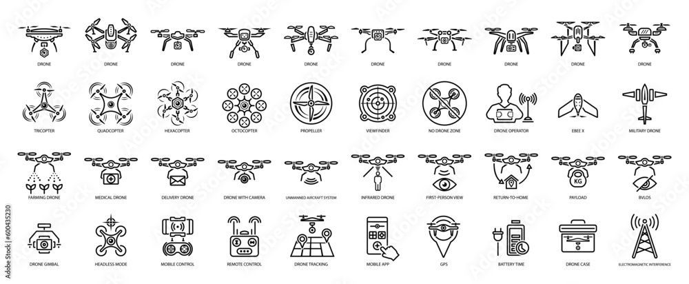 Drone unmanned aerial vehicle glyph icon set. Military and delivery ...