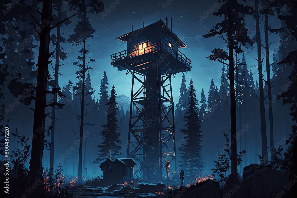 Firewatch tower middle of the forest ai generated art Stock ...