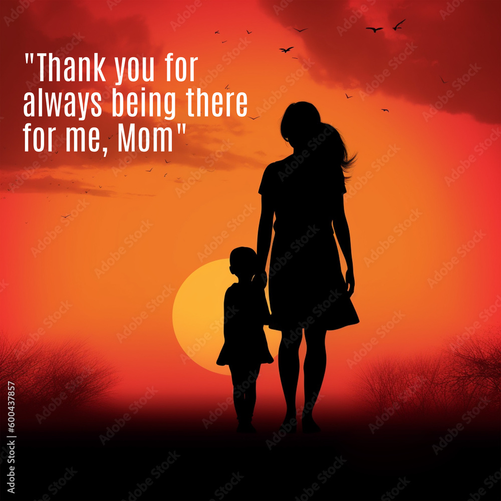 Thank you MOM greeting card with a mother and child silhouetted against ...