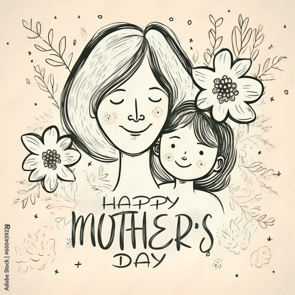 Pencil drawing of a mother and her daughter with flowers around her for ...