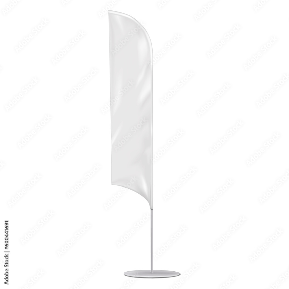 White blank feather flag vector mockup. Blade-shaped banner stand mock ...