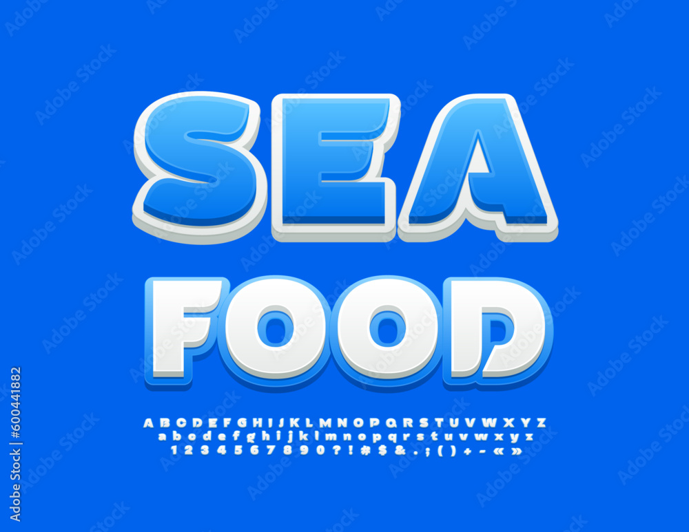 Vector sign Seafood for Restaurant, Cafe, Market. Blue and White unique ...