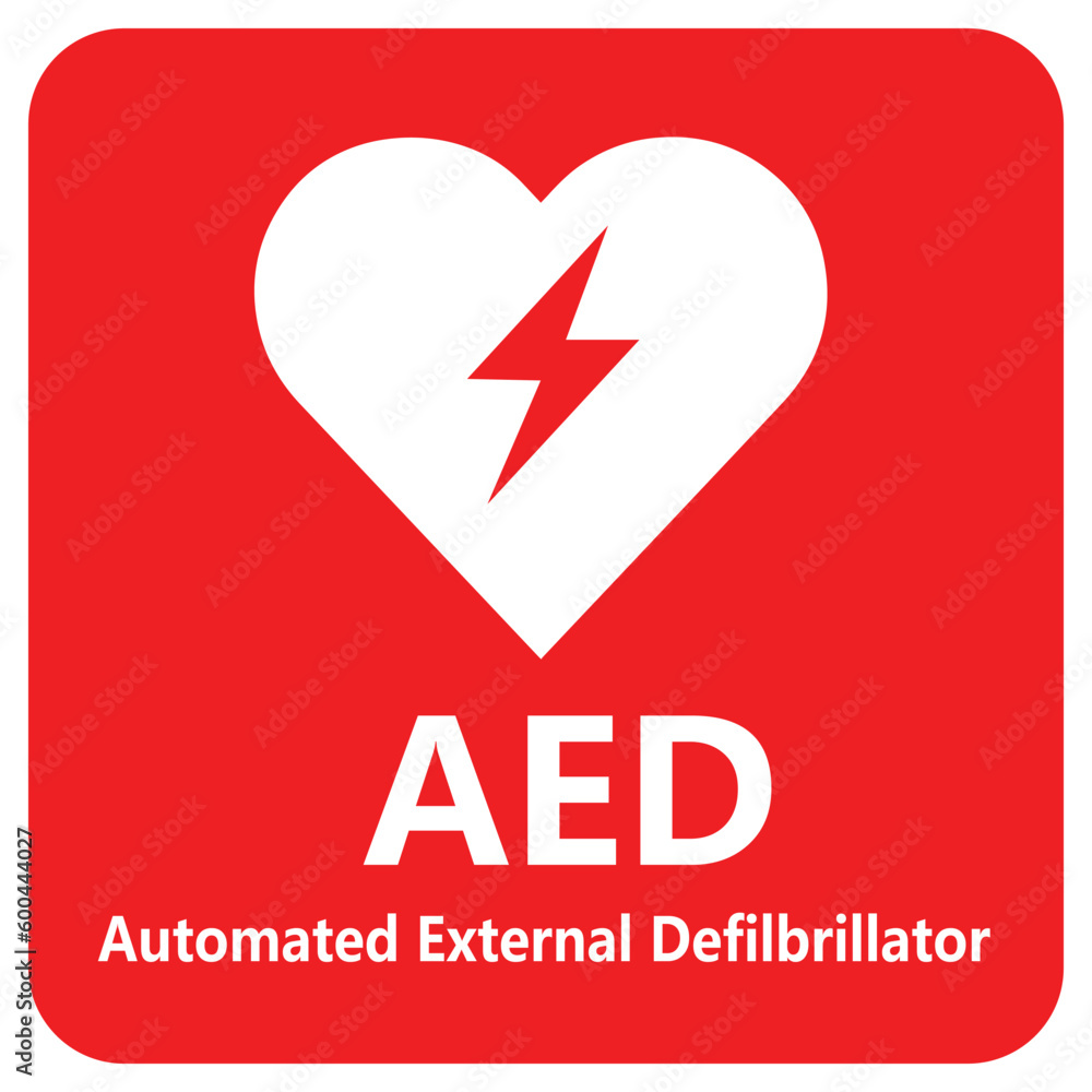 AED,automated external defibrillator / aed sign with heart and electricity symbol flat vector ...