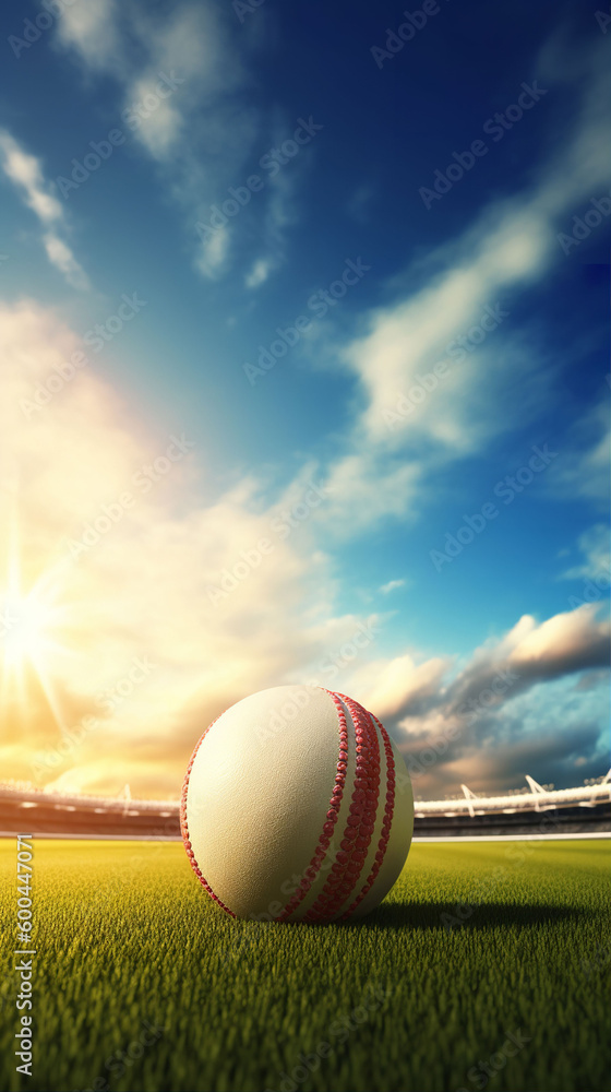 An illustration of cricket sport gear laying on green grass against a ...