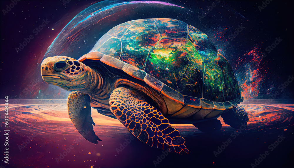 Giant space turtle carrying earth on its back is wandering in space ...