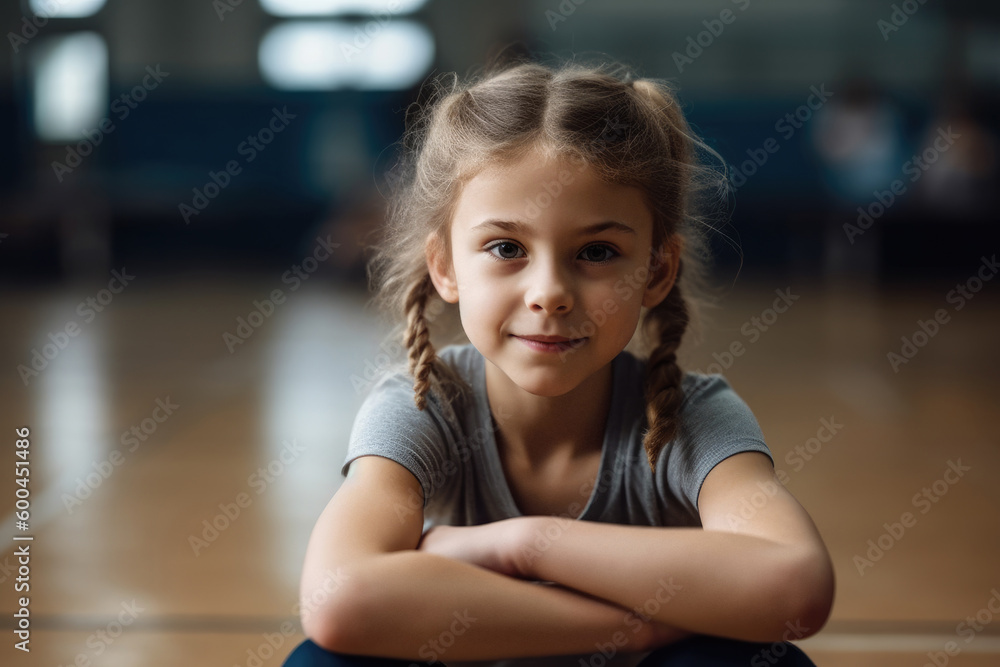Generative AI illustration of adorable girl sitting in gym with hands ...