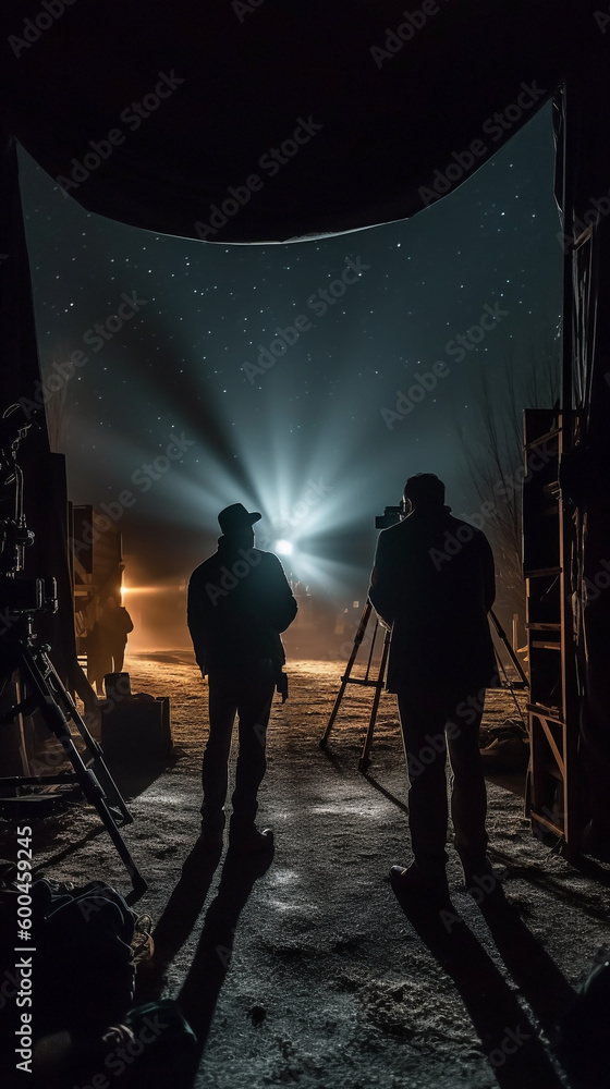 Behind the Scenes, outdoor movie production set, cameras, equipment ...