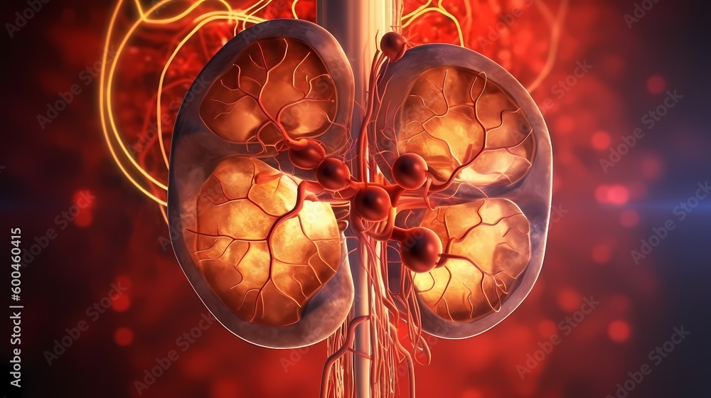 Human kidney cross section on scientific background. 3d illustration ...
