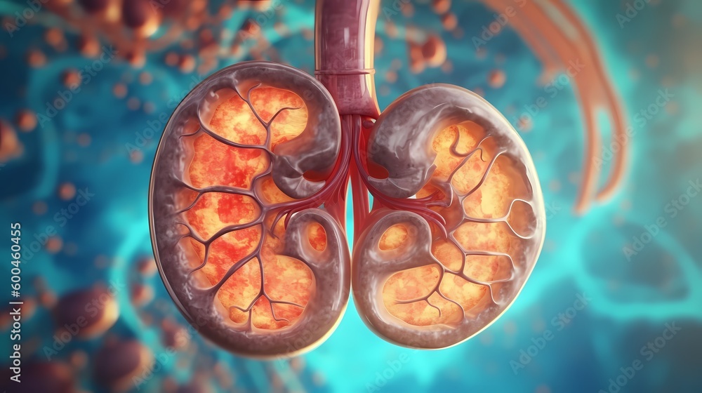 Human kidney cross section on scientific background. 3d illustration ...