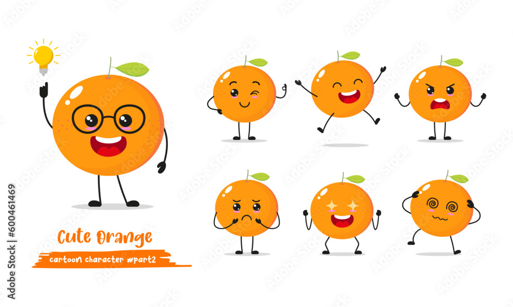 orange cartoon with many expressions. different fruit activity vector ...