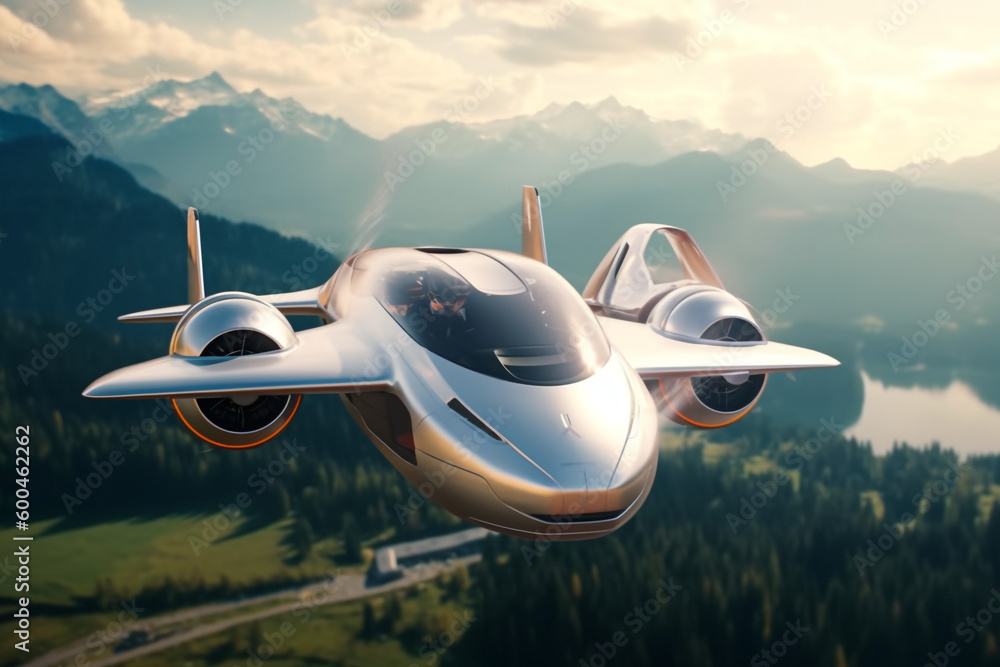 Electric passenger VTOL aircraft taxi. Autonomous flying car transport ...