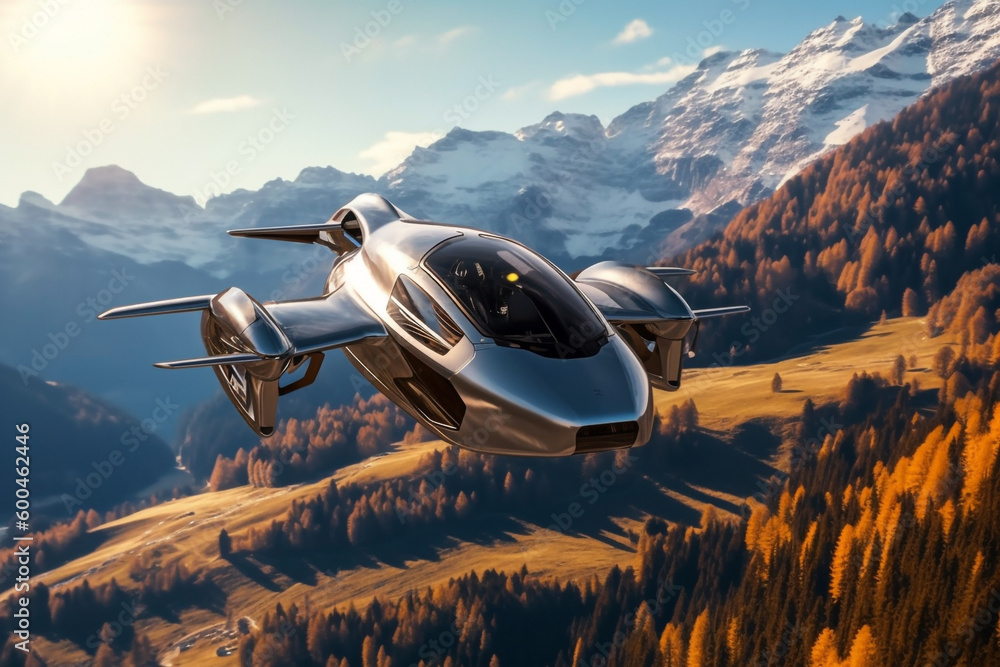 Electric passenger VTOL aircraft taxi. Autonomous flying car transport ...