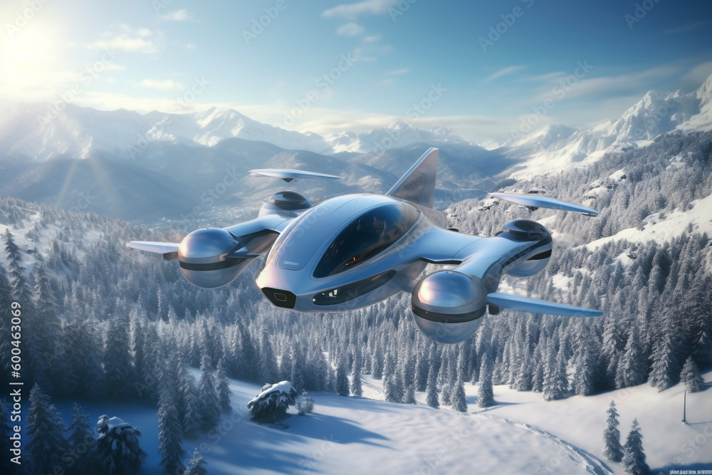 Electric passenger VTOL aircraft taxi. Autonomous flying car transport ...