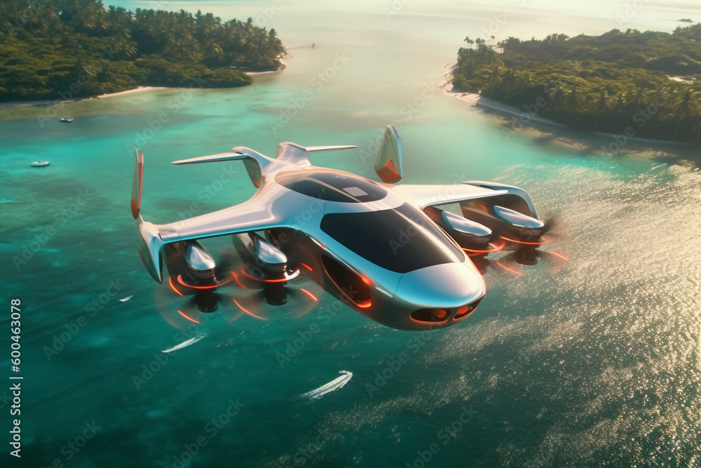Electric passenger VTOL aircraft taxi. Autonomous flying car transport ...