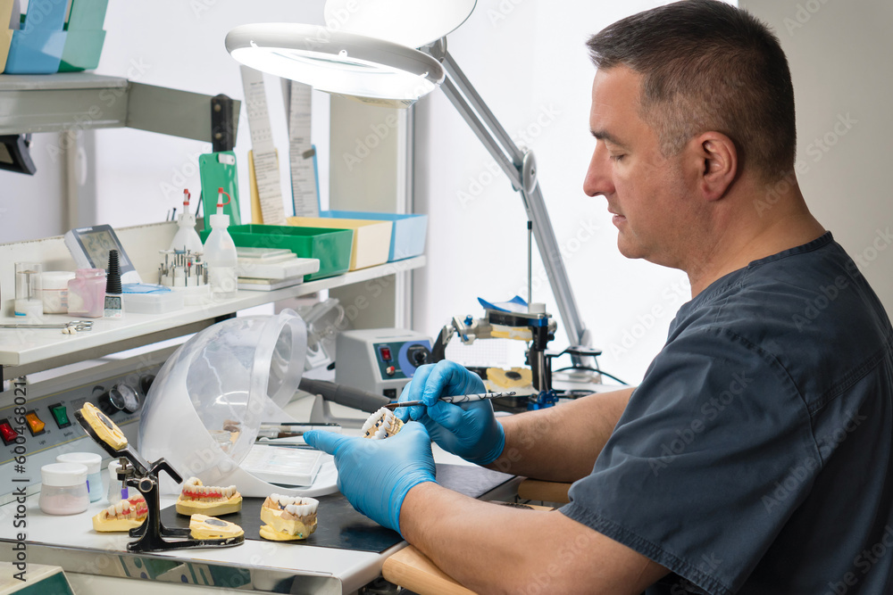Foto de Dental technician working with tooth denture do Stock | Adobe Stock