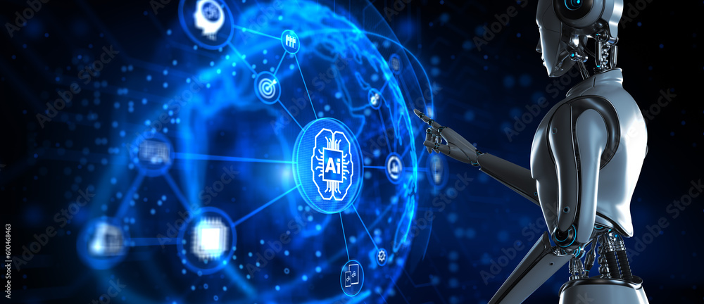 Ai Artificial intelligence concept neural network. Robot pressing button on screen 3d render ...