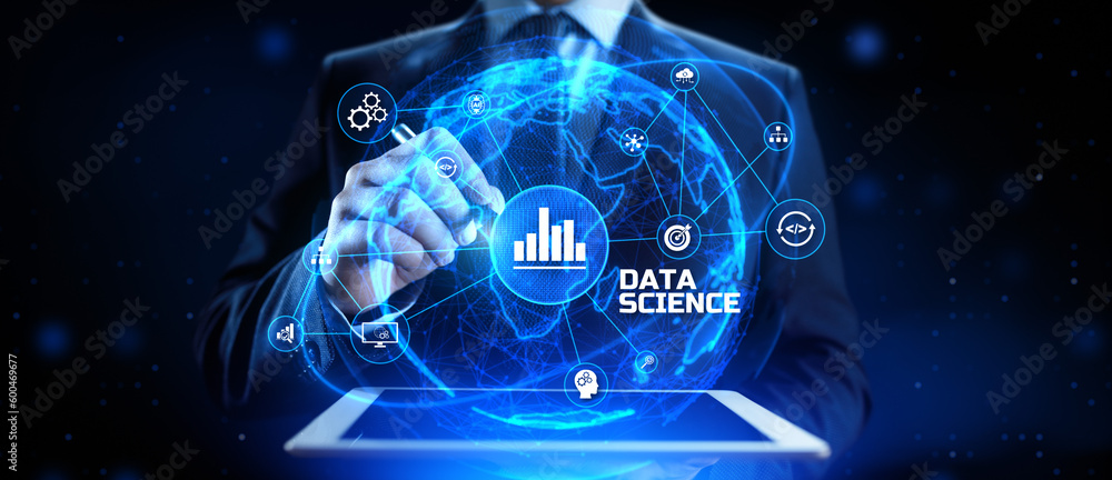 Data science analytics concept. Businessman pressing button on screen ...