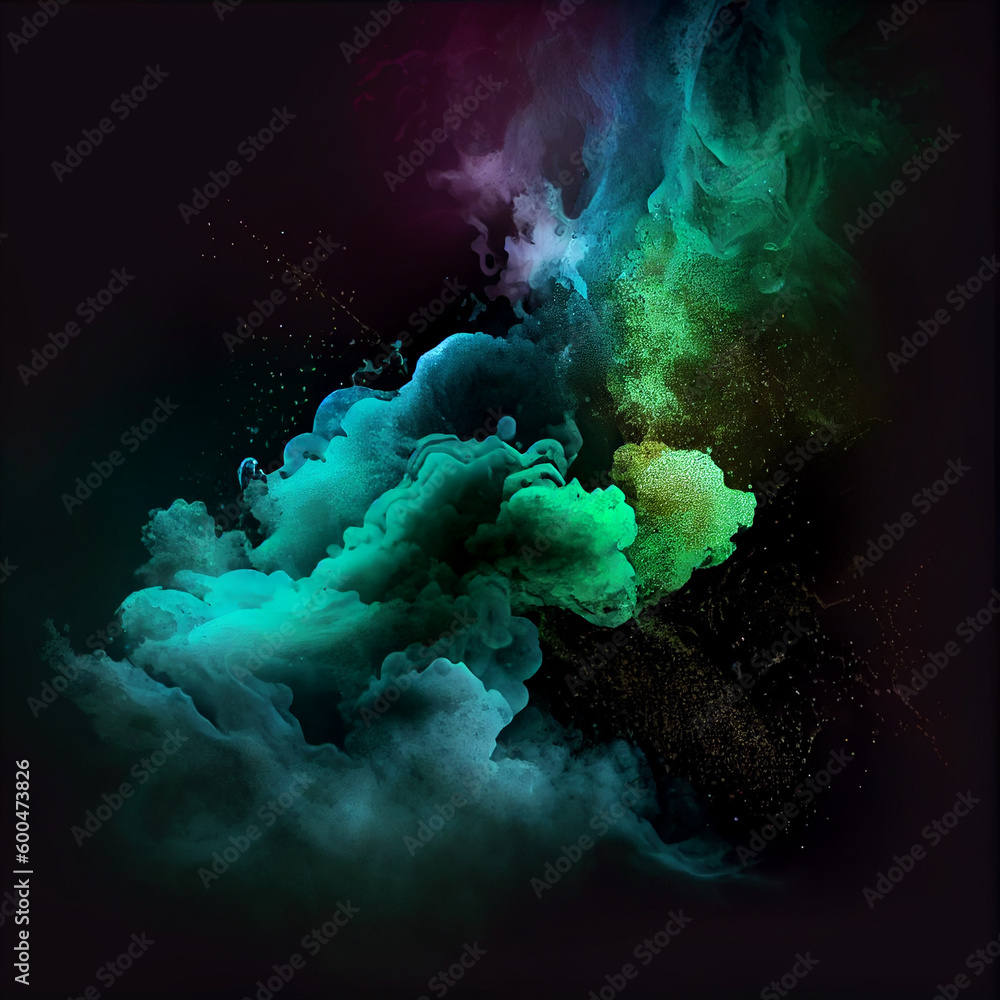 Outer Space Blue green shiny glitter steam cloud blend on dark black ...