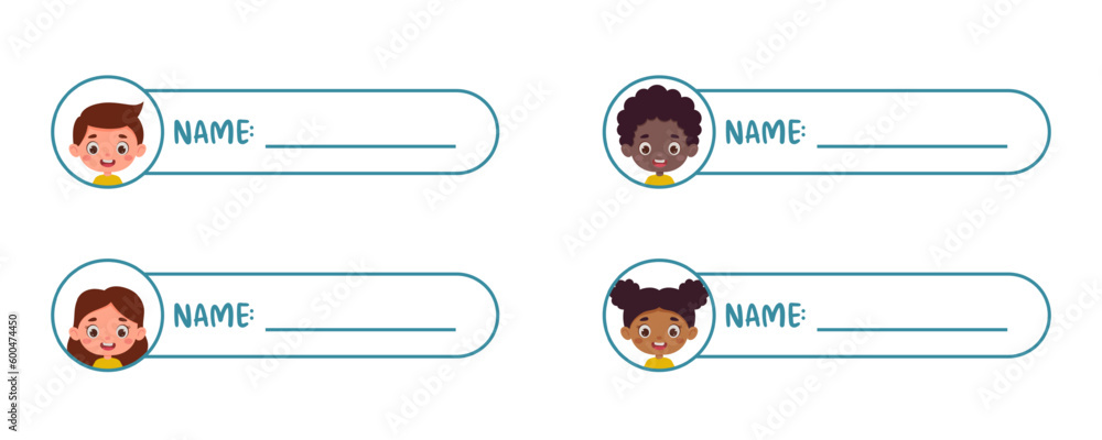 Cute kid boy and girl name tags for school. Sticky labels set for ...