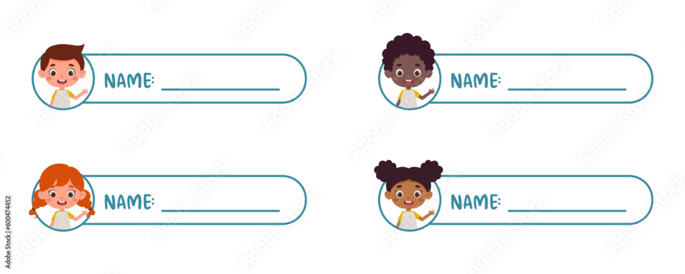 Sticky labels set for children name. Cute kid boy and girl name tags ...