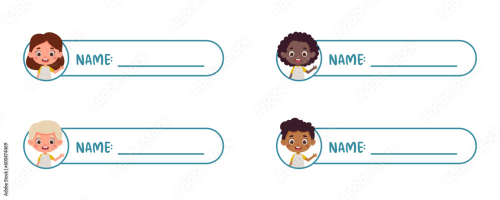 Sticky labels set for children name. Cute kid boy and girl name tags ...