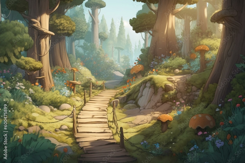 Cartoon forest path in summer with no people. Illustration for kids ...