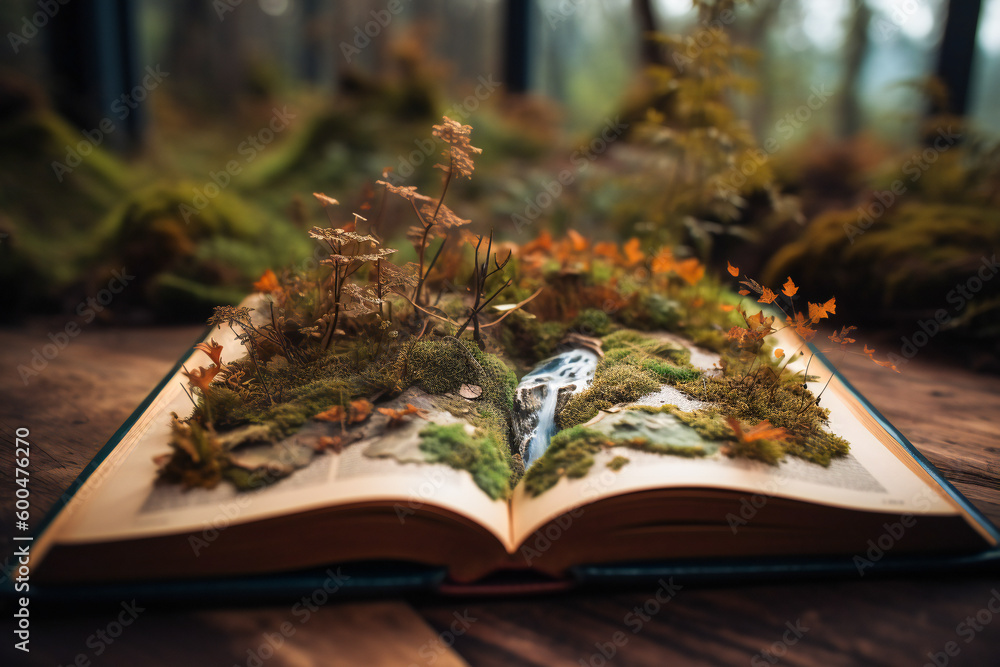Fantasy illustration of an old book in the woods, covered with moss ...