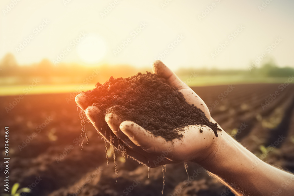 Soil in hands for check the quality of the soil. Farmer is checking ...