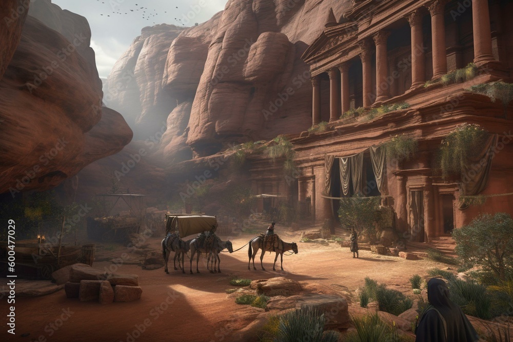 Illustration of ancient Petra as a trading hub with camels and royal ...