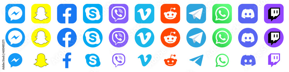 Social media icons. Facebook Messenger, Snapchat, iMessage, Skype ...