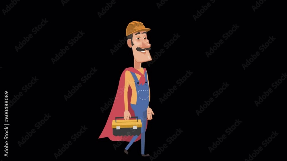 Cartoon foreman worker superhero in helmet character walking cycle with ...